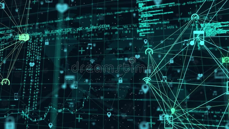 Animation of Two Spinning Globes of Digital Icons and Data Processing ...