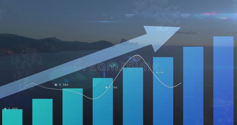 Animation of Upward Arrow and Graphs Processing Data Over Sky and ...
