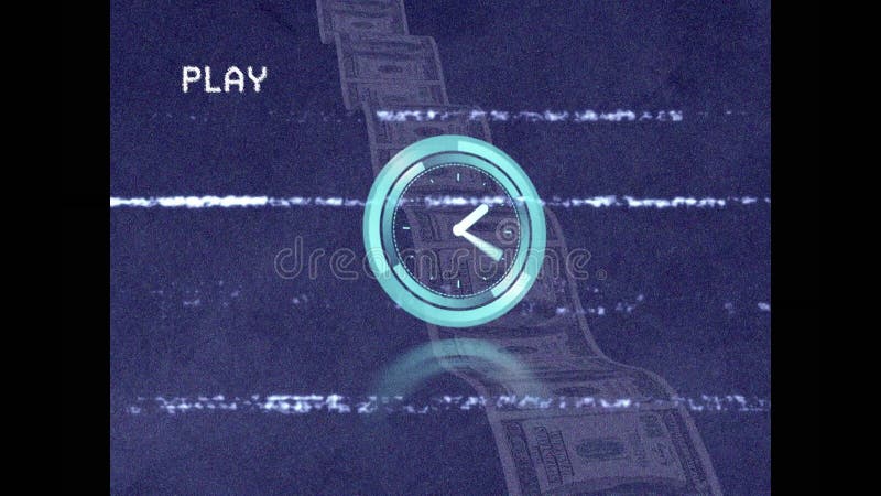 Animation of Vhs Glitch Effect Over Neon Ticking Clock and Us Dollar ...