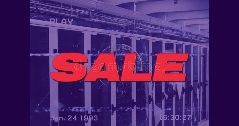 Animation of Vhs Glitch Effect Over Sale Text Banner Against Computer ...