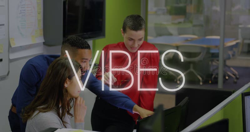 Animation of Vibes Text Over Multiracial Coworker Analyzing Data Over ...