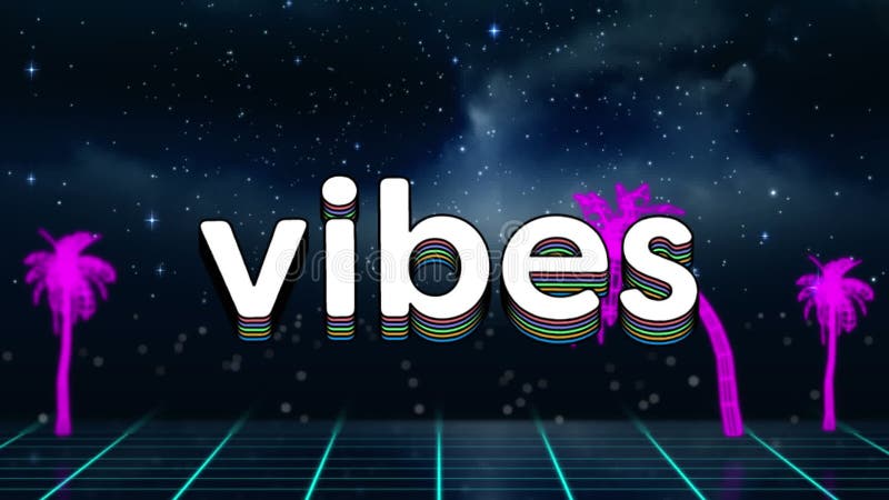 Animation of Vibes Text with Triangle and Palm Trees on Grid in Galaxy ...