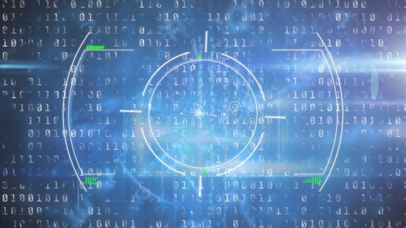 Animation Of Viewfinder And Binary Code On Navy Background With Lights
