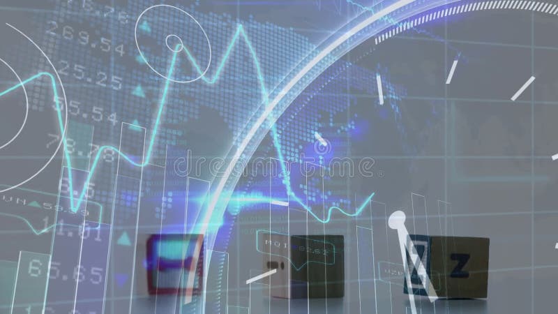 Animation of Viral Text Blocks Falling Over Digital Clock, Graphs ...