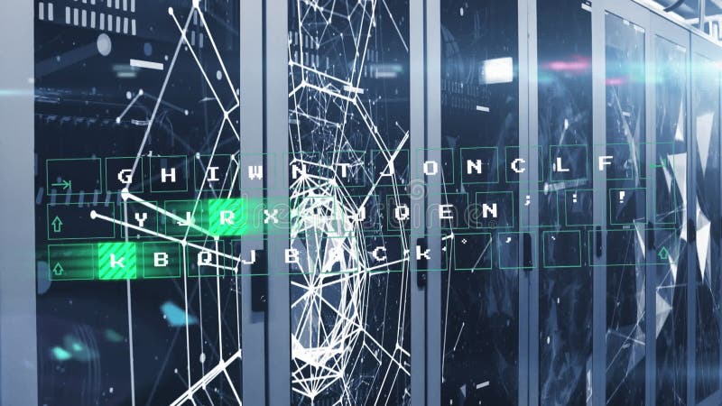 Animation of Virtual Keyboard, Plexus Networks and Light Spot Against Computer Server Room Stock ...