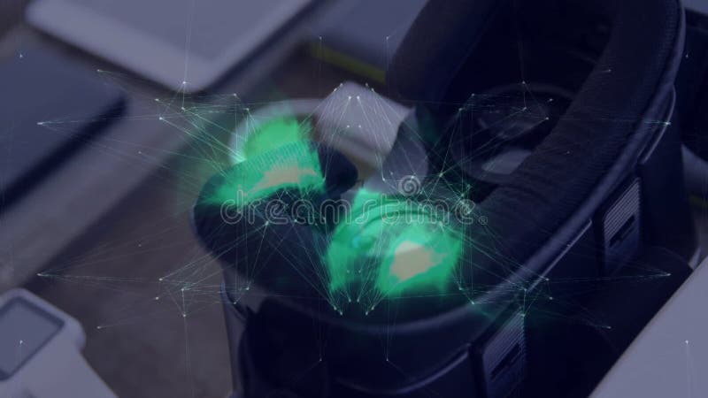 Animation of Virtual Reality Headset with Glowing Green Digital Network ...