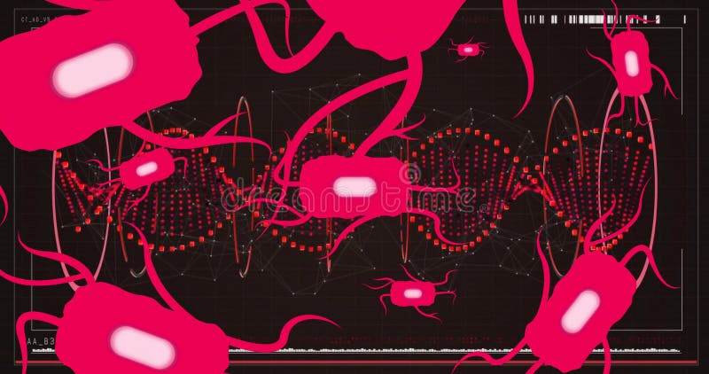 Animation of Virus Cells Over Data Processing with Dna Strand on Black Background Stock Footage ...