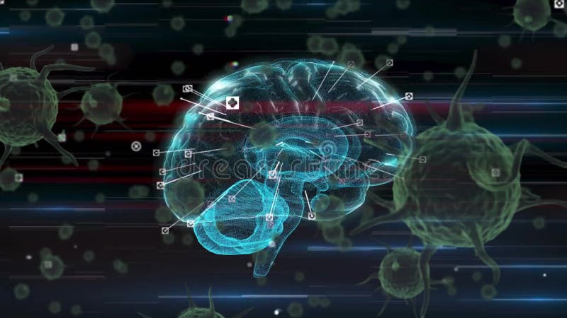 Animation of Virus Cells Over Digital Brain on Black Background Stock ...