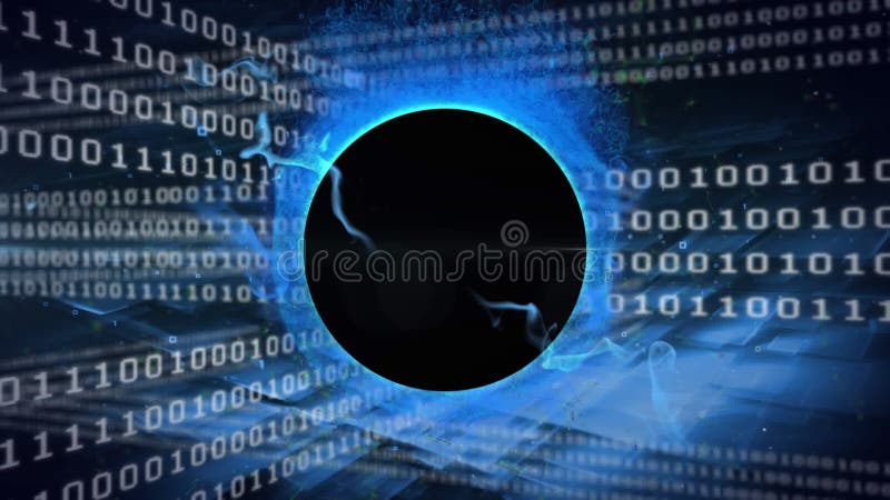 Animation Of Wave Pattern Around Black Globe Over Looping Binary Codes Against Abstract