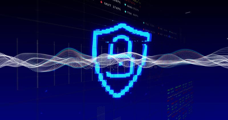 Animation of Waves and Digital Shield with Padlock on Navy Background ...