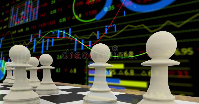 Animation of White Chess Pieces Over Graphs and Charts Processing Data ...