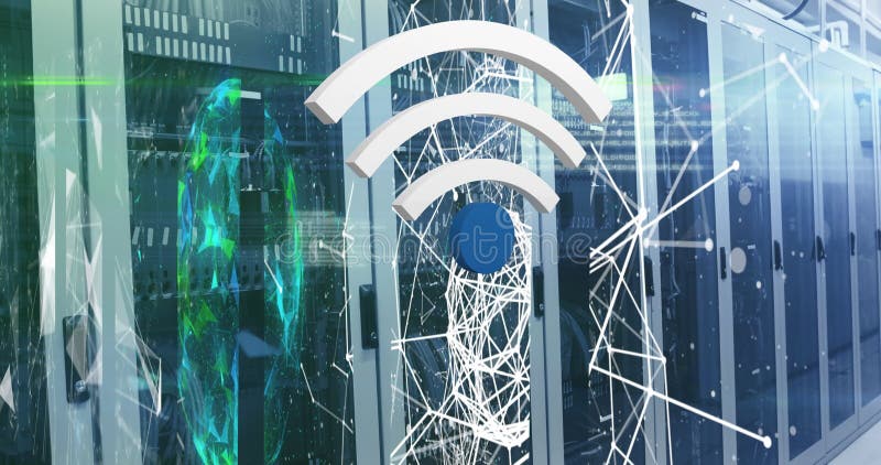 Animation of Wifi Icon and Globe with Lens Flare and Geometric Shape ...