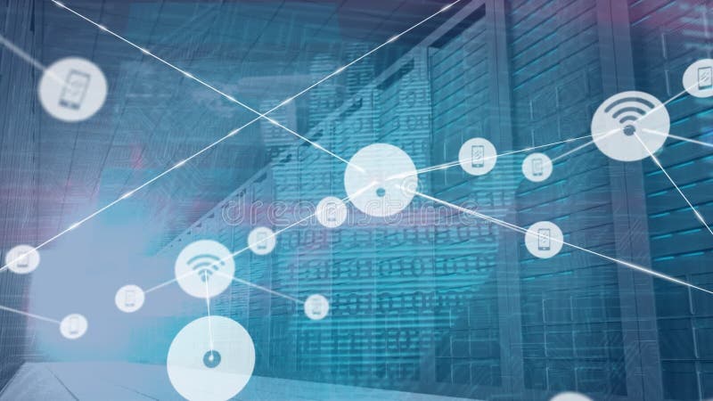 Animation of Wireless Network, Cellphone Icons Connecting Against Stop ...