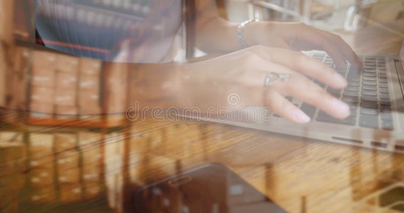 Animation of Woman Typing on Computer Keyboard with Stacks of Boxes in ...
