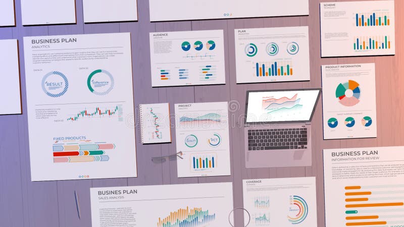 Animation of Workspace with Business Data Infographics. Stock Footage ...