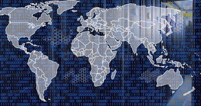 Animation Of World Map And Binary Coding Data Processing Against Computer Server Room Stock