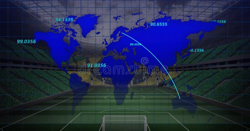 Animation of World Map with Data Points and Lines Over Soccer Stadium ...