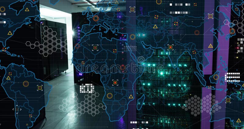 Animation of World Map and Data Processing Against Empty Computer Server Room Stock Footage ...