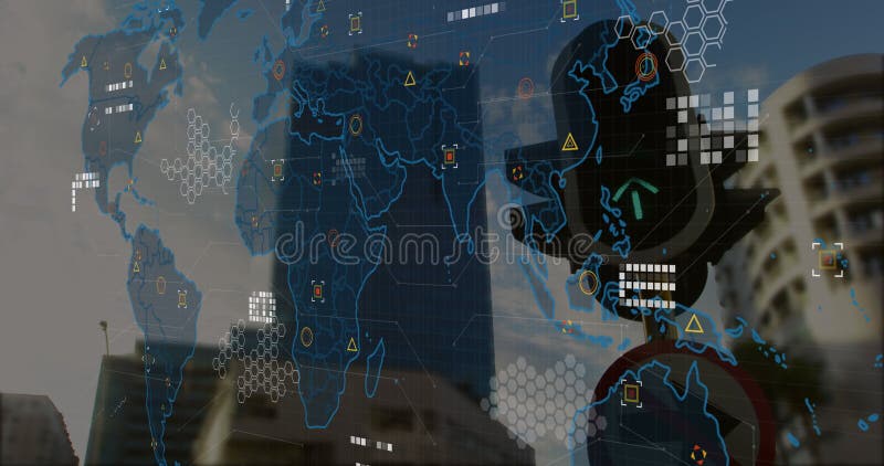 Animation of World Map and Data Processing Against Traffic Signal Light ...