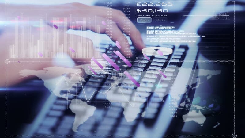 Animation of World Map and Data Processing on Interface Over Hands Typing on Computer Keyboard ...