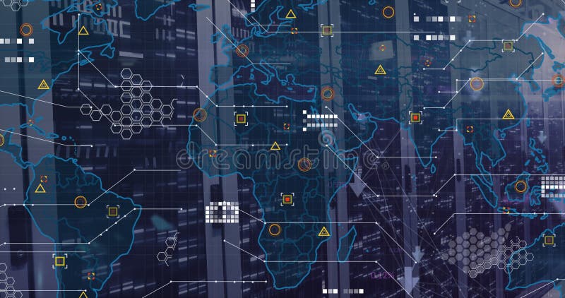 Animation of World Map, Data Processing and Mosaic Squares Against Computer Server Room Stock ...