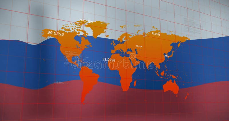 Animation of World Map Data Processing Over Flag of Russia Stock ...