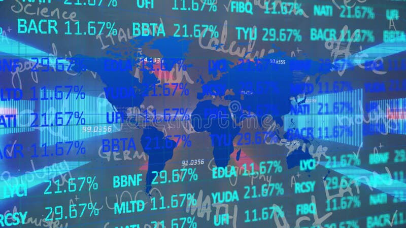Animation of World Map with Financial Data and Percentages in Blue and ...