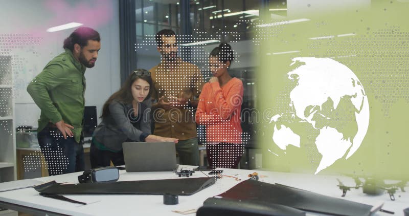 Animation of World Map and Globe Over Diverse Colleagues Discussing ...