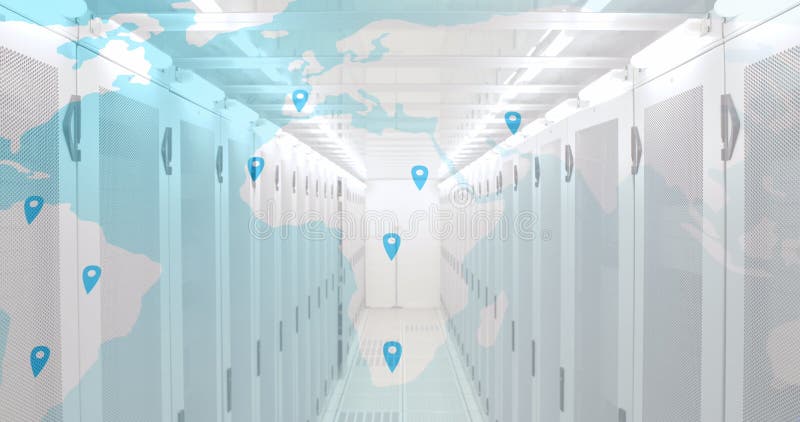 Animation of World Map and Location Marks Over Servers Stock Footage ...