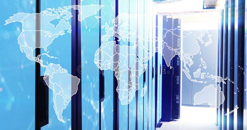 Animation of World Map and Network of Connections Over Server Room ...
