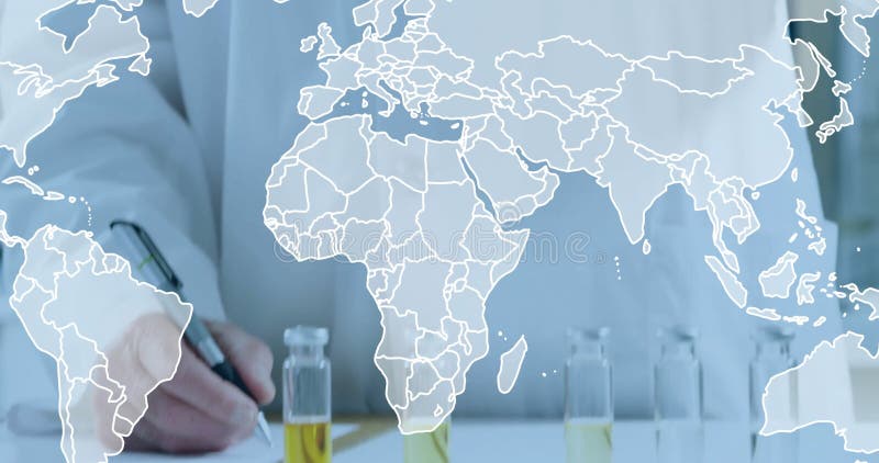 Animation of World Map Over Caucasian Male Scientist in Laboratory ...