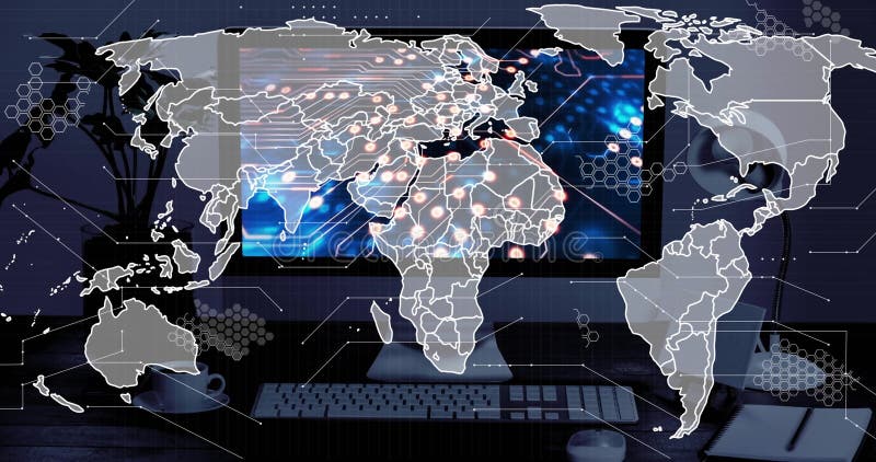 Animation of World Map Over Computer Screen with Computer Circuit Board ...