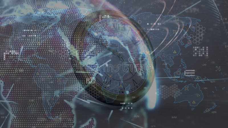 Animation of World Map Over Moving Clock on White Background Stock ...