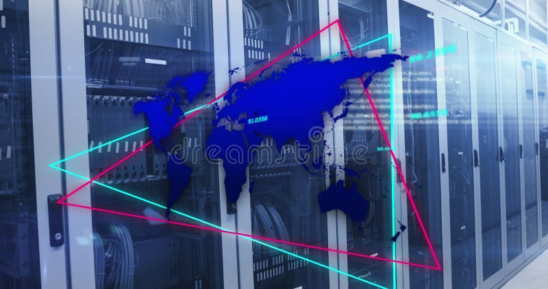 Animation of World Map Over Neon Triangular Shapes Against Computer ...