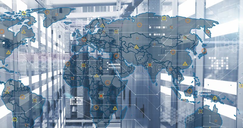 Animation of World Map, Statistics and Data Processing Over Computer Servers Stock Footage ...