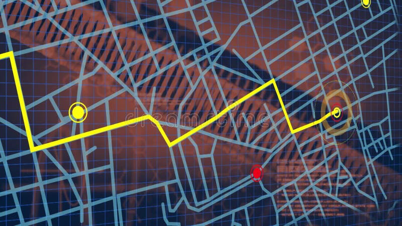Animation of Yellow Line Tracing Path on Digital City Map with Red ...