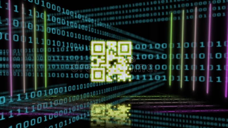 Animation of Yellow Qr Code and Neon Lights Over Binary Data Processing ... Animation of Yellow Qr Code and Neon Lights Over Binary Data Processing ...