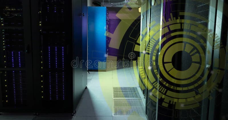 Animation of Yellow Round Scanner Spinning Against Computer Server Room ...