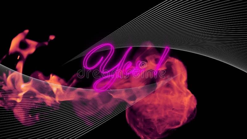 Animation of Yes Text in Pink Neon and White Parallel Lines Over Fire ...