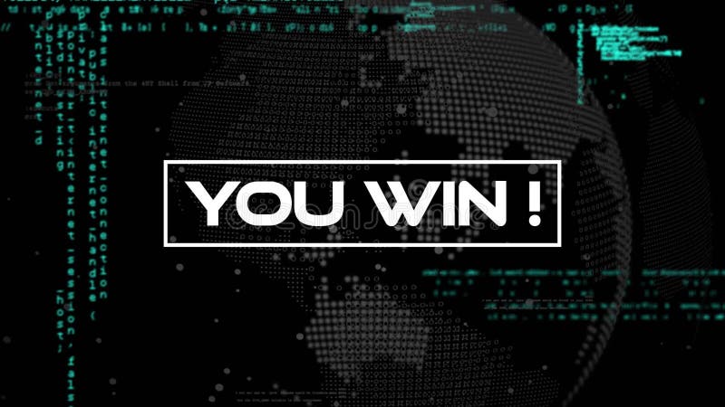 Animation of You Win Text Over Rotating Globe and Computer Language ...