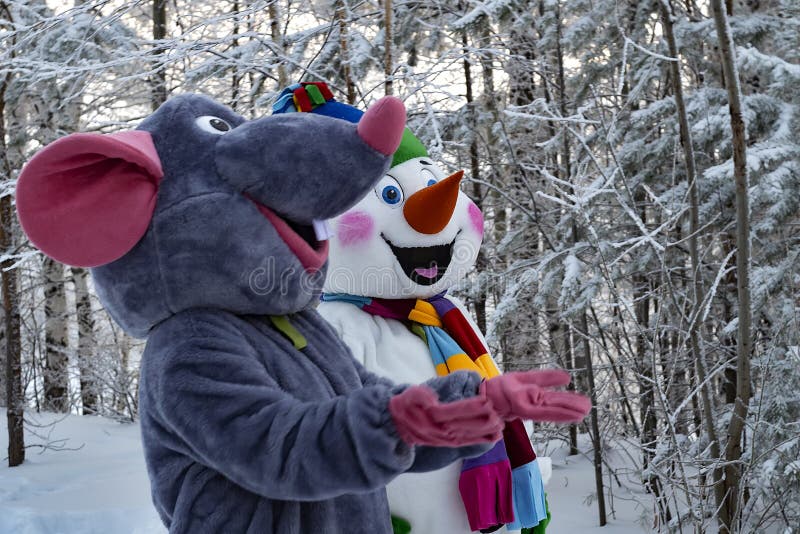 Animators in Textile Mouse and Snowman Costume. Symbol 2020 Year Stock ...