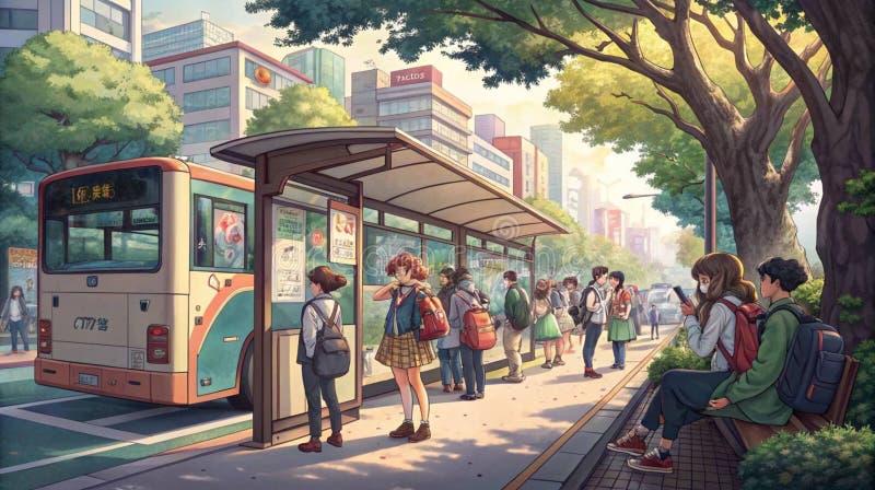 Image of People Waiting for a Bus at a Bus Stop in the Style of a Lofi ...