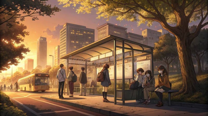 Image of People Waiting for a Bus at a Bus Stop in the Style of a Lofi ...
