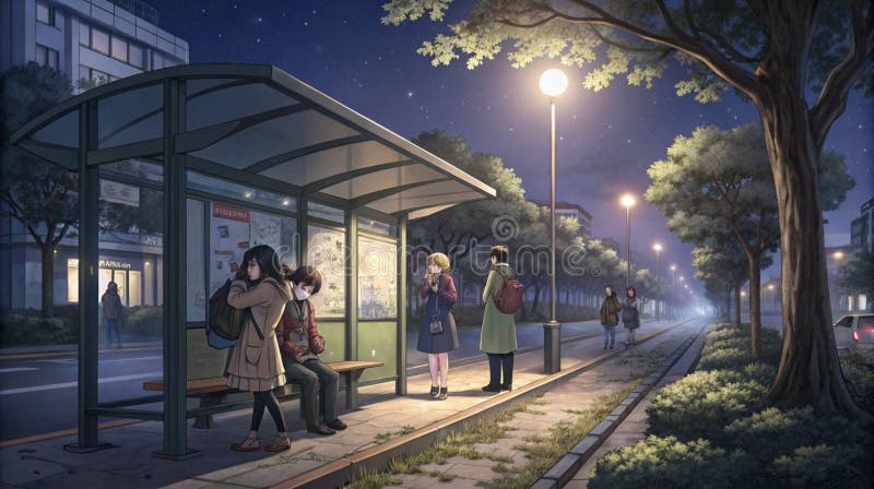 Image of People Waiting for a Bus at a Bus Stop in the Style of a Lofi ...