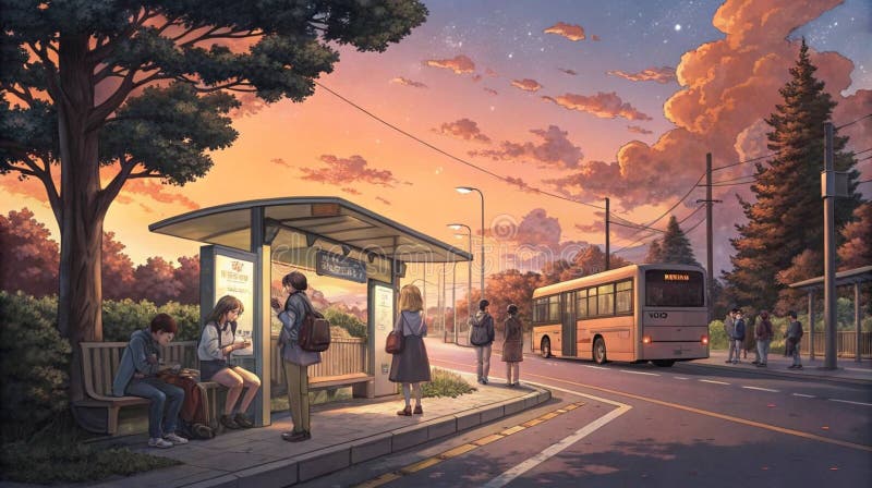 Image of People Waiting for a Bus at a Bus Stop in the Style of a Lofi ...