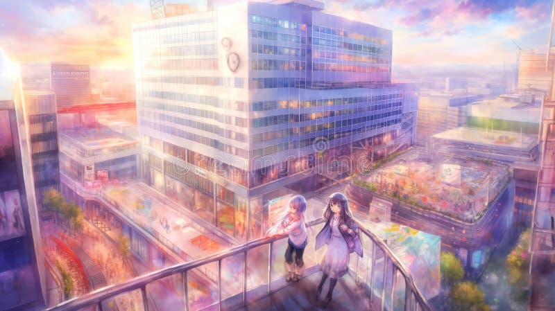 An Anime Aerial View Illustration with Two People Watching the Town, Ai ...