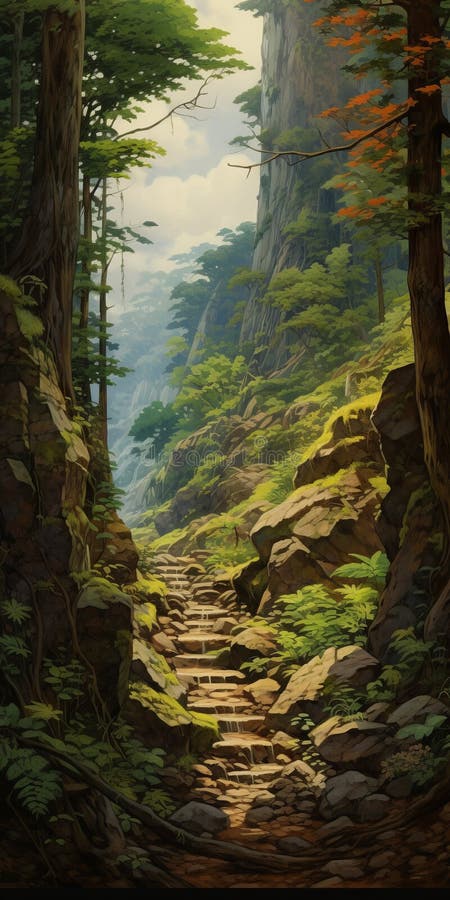 Anime Aesthetic: Intensely Detailed Forest Path with Rocks and Hickory ...