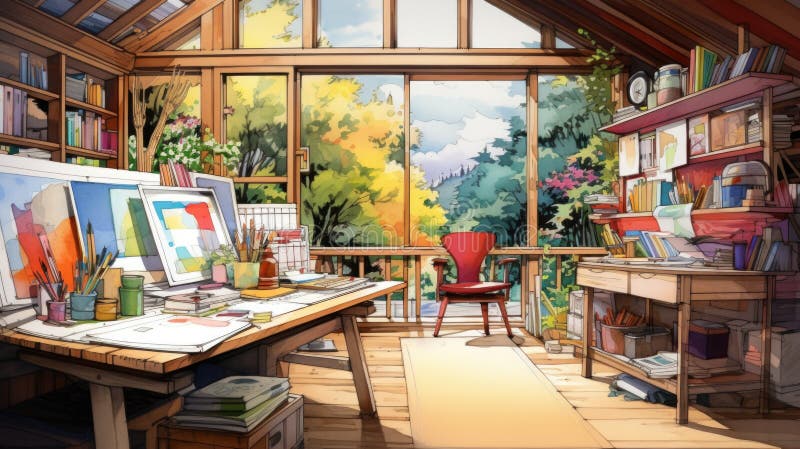 Anime Art Studio, a Lot of Space, AI Stock Photo - Image of bookshelf ...