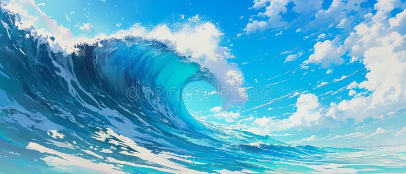 Anime Background Illustration with a Big Wave in the Blue Ocean Against ...