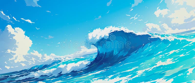 Anime Background Illustration with a Big Wave in the Blue Ocean Against ...